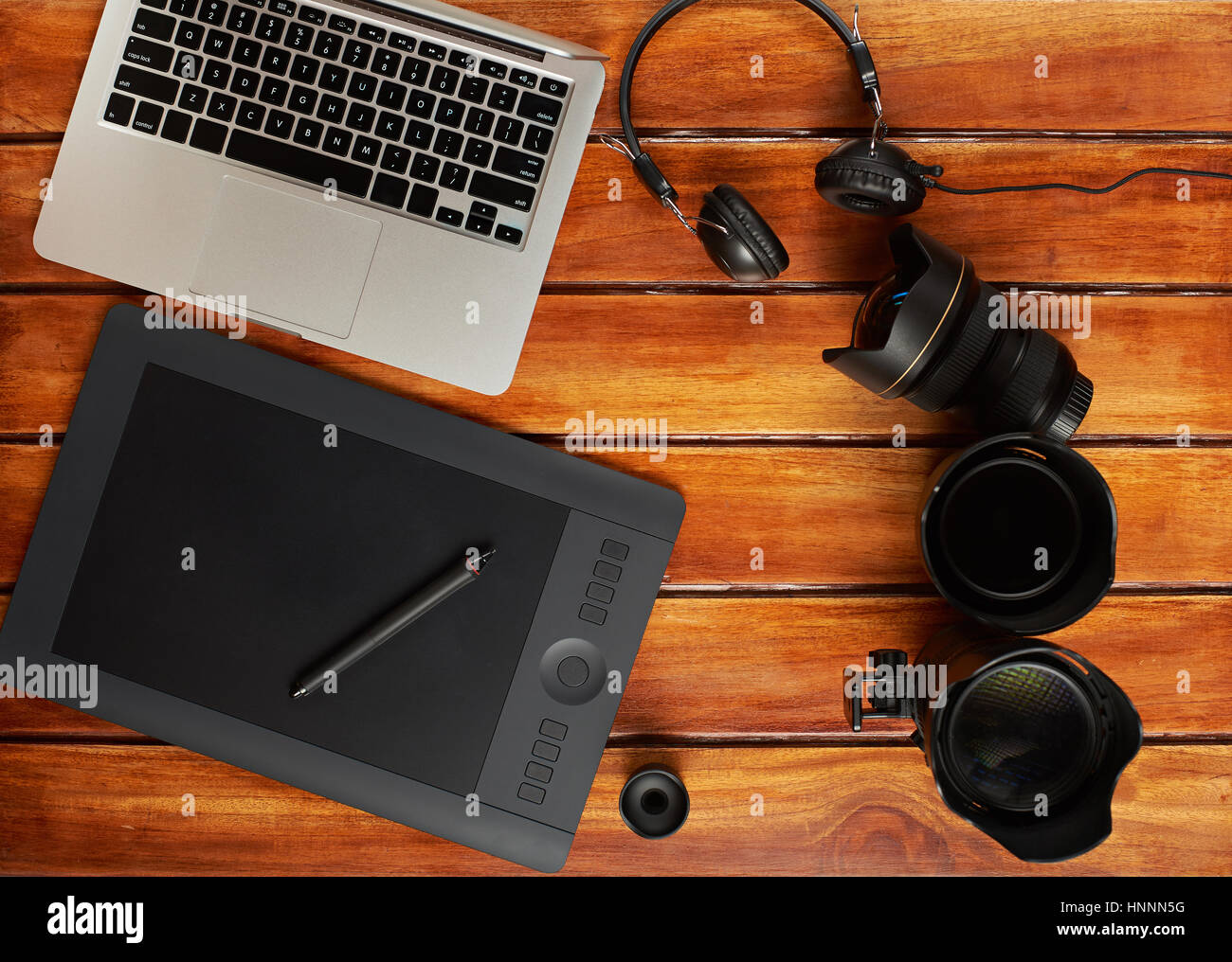 Photography staff on wooden table view from top. Modern photography ...