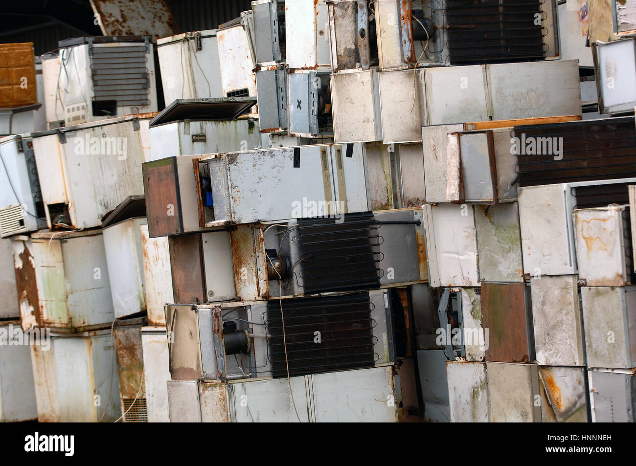 Sims Recycling Solutions, Newport, Gwent, showing old fridges for ...