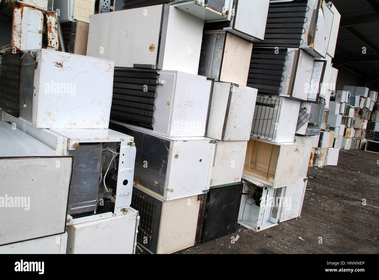 Sims Recycling Solutions, Newport, Gwent, showing old fridges for ...