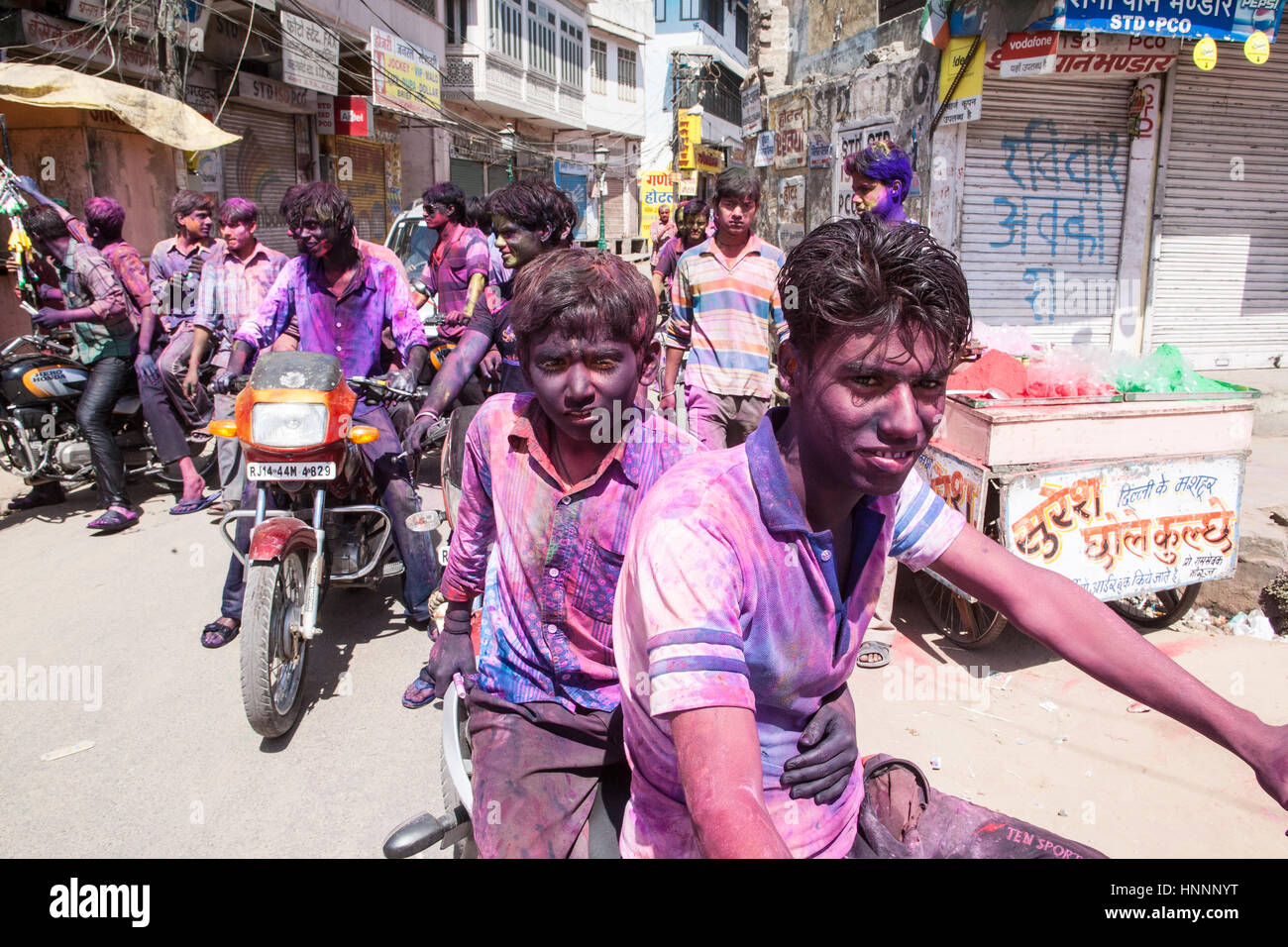 Coloured dye throwing and face smearing of bright coloured powder ...