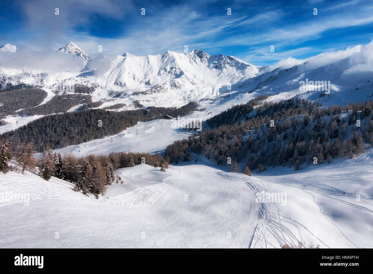 aerial mountain view of Pila ski resort in winter, Aosta, Italy Stock ...