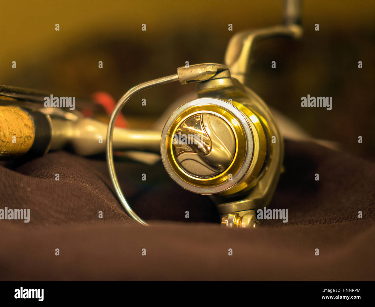 The golden fishing reels on the fishing rod Stock Photo - Alamy