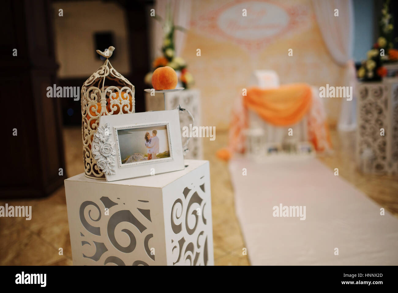 Element of decoration at wedding path of arch with foto frame and ...