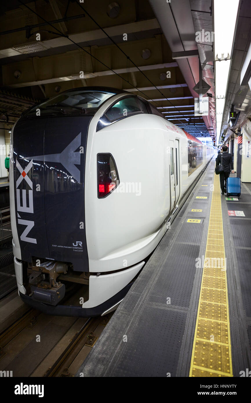 TOKYO, JAPAN - CIRCA APR, 2013: Head of NEX trainset is on Shinjuku ...