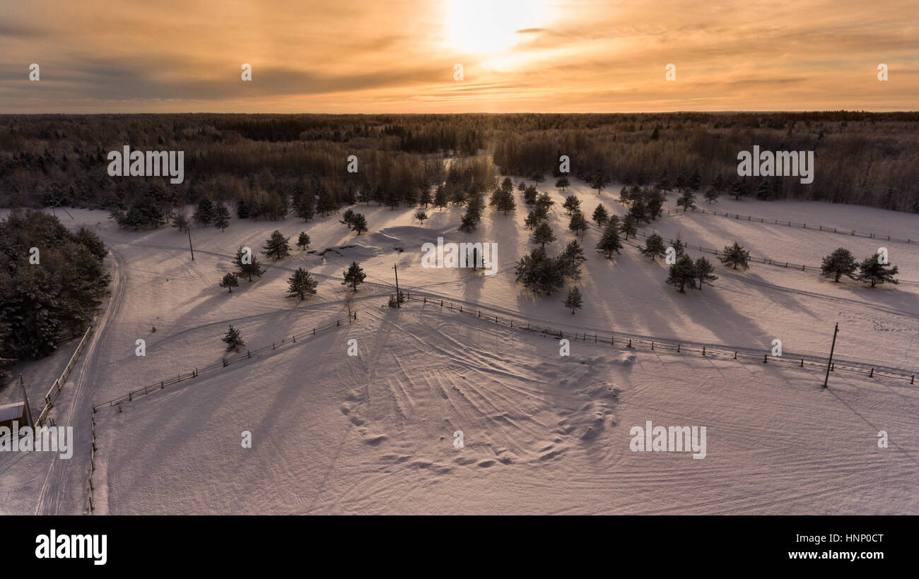 Strong sunset over evening winter forest in countryside. Aerial view ...