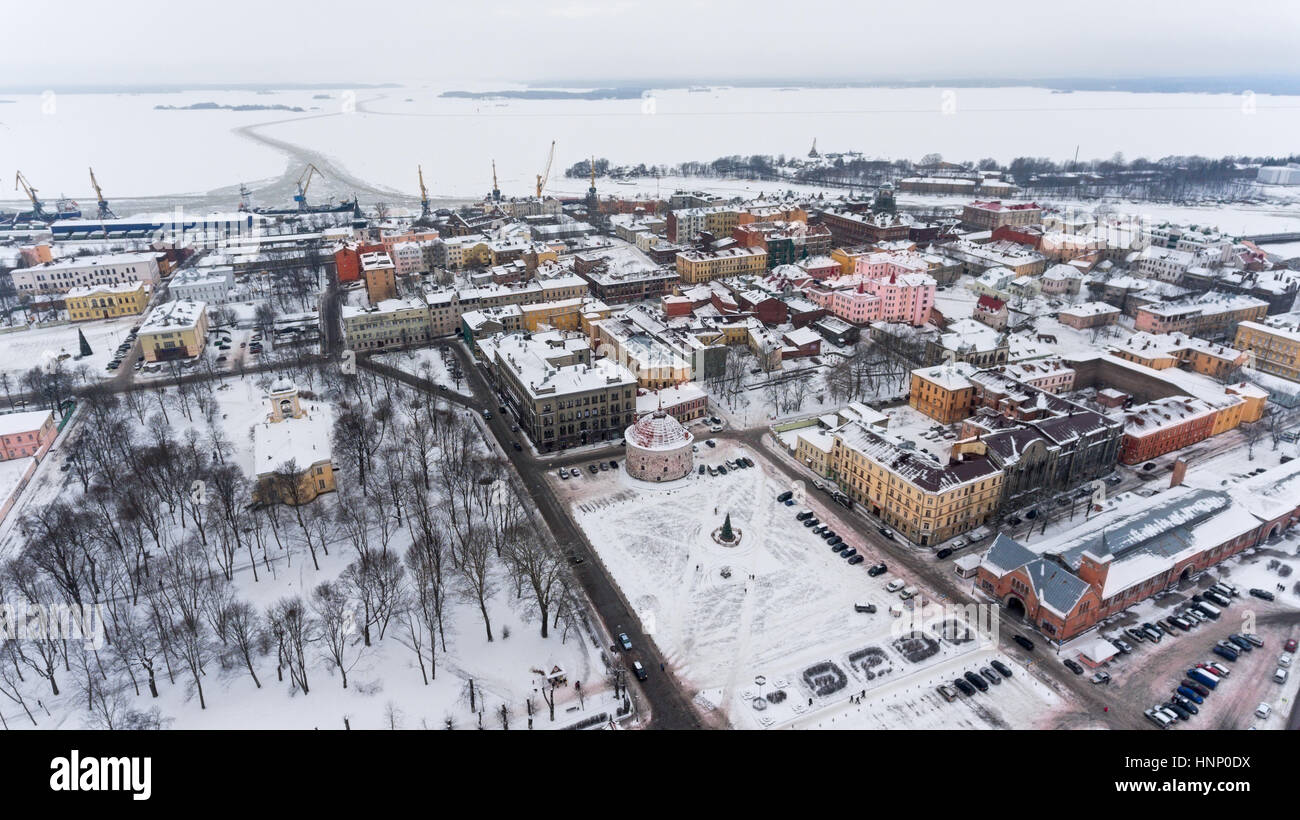 Panorama of the Vyborg city and sea port at winter season. Medieval ...