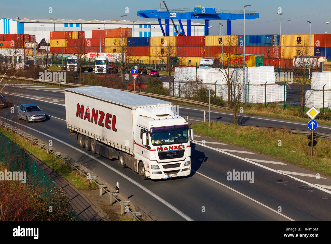 DUSSELDORF ,GERMANY - FEBRUAR 16: transport truck on the highway on ...