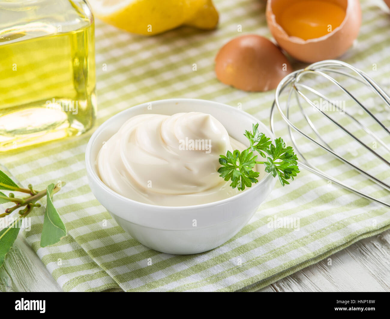 Natural mayonnaise ingredients and the sauce itself Stock Photo - Alamy