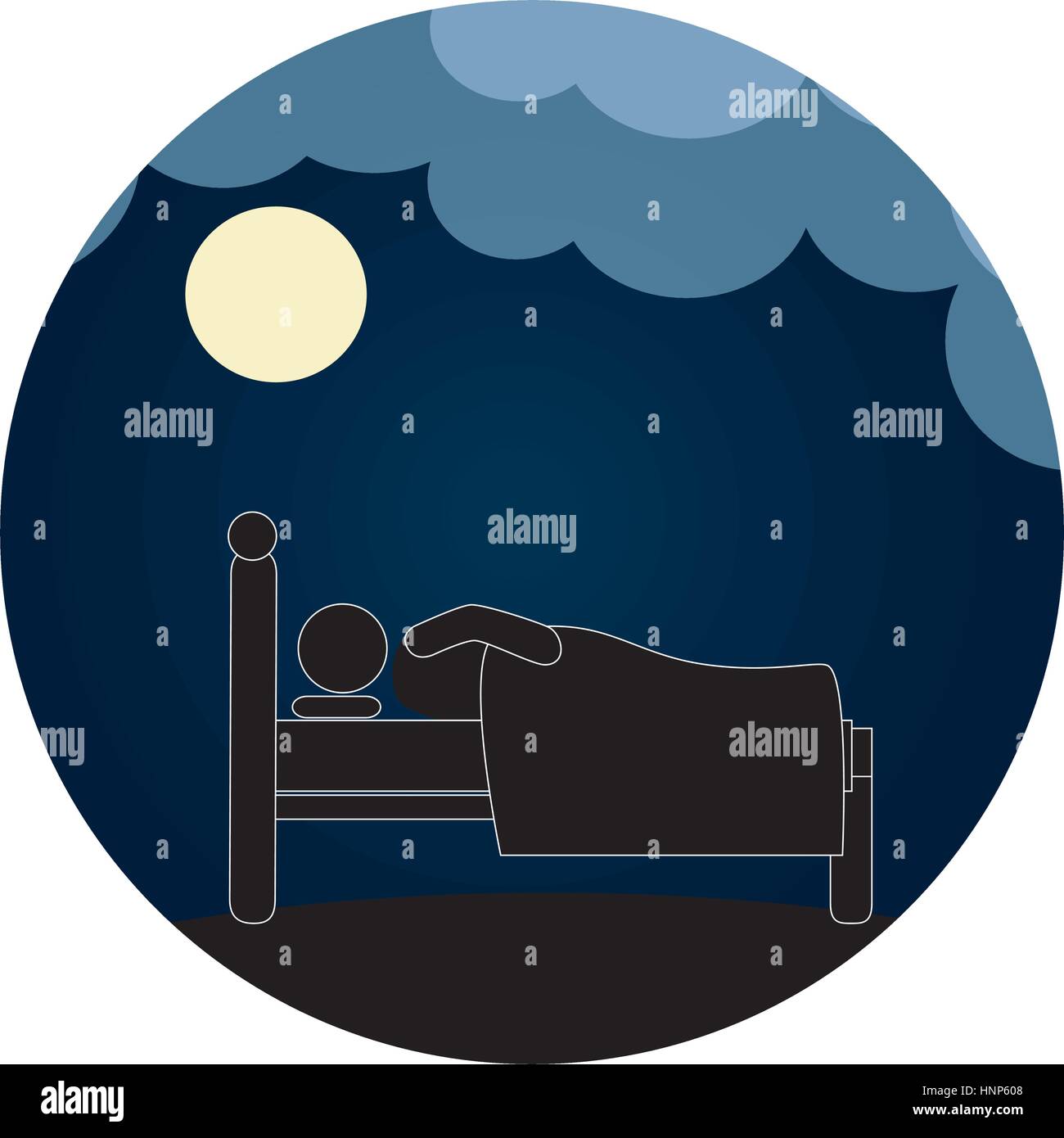 circular pictogram with man in bed in the night and moon vector ...