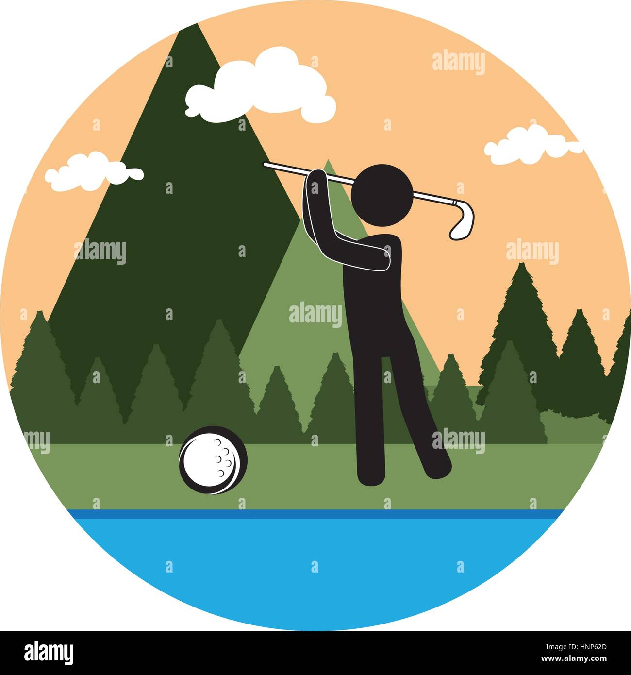 colorful circular landscape with background mountains and golf player ...