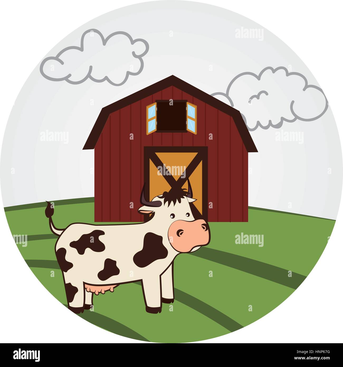 circular landscape with barn and cow vector illustration Stock Vector ...