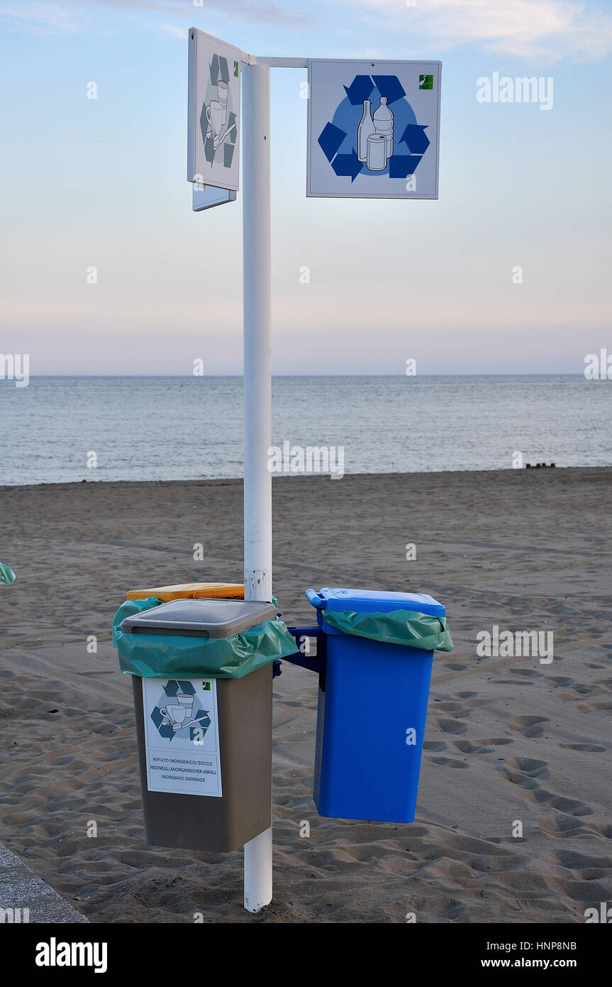 Recycling bins on a beach, Cavallino, Jesolo, Italy Stock Photo - Alamy