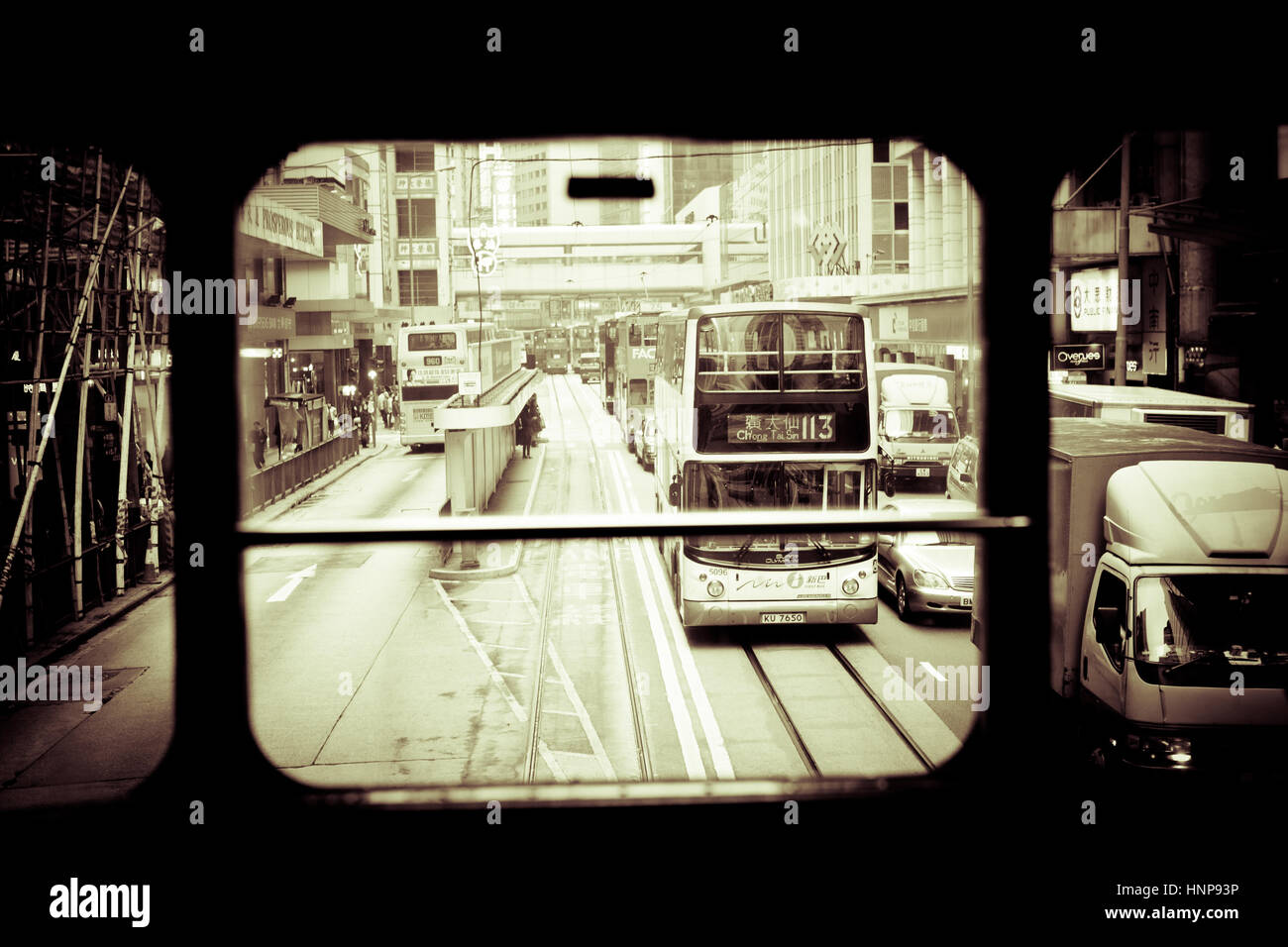 View of the city from the window of the famous double-deck tram, Hong ...