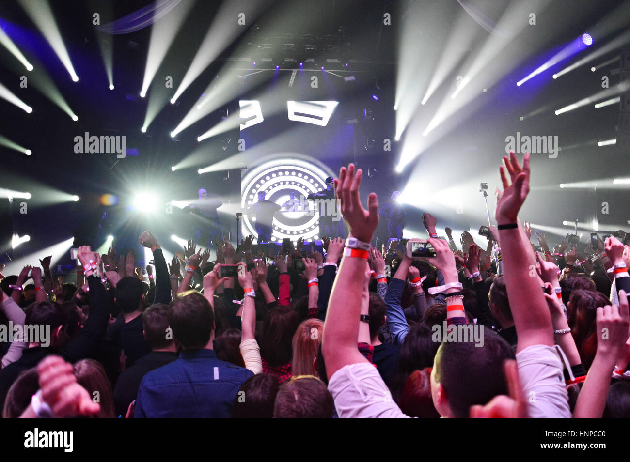 Kiev, Ukraine. 14th Feb, 2017. Aleksey Potapenko (Potap) of MOZGI band in concert at Stereo ...