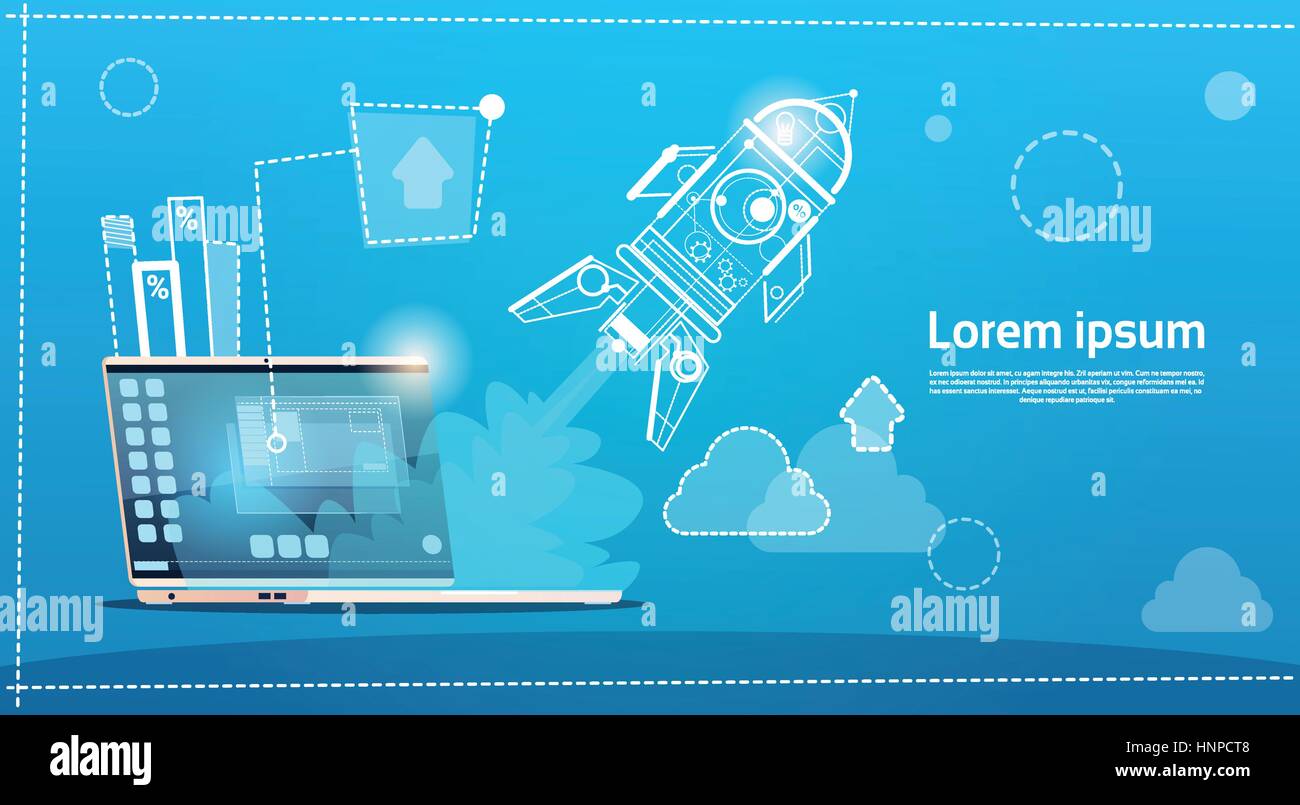 Laptop Computer Space Rocket Startup Development Concept Stock Vector ...