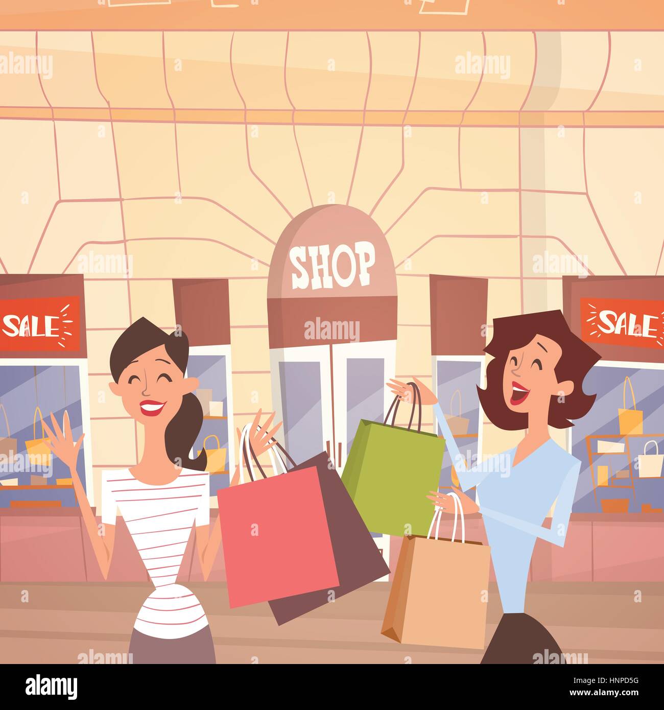 Cartoon Woman Couple With Shopping Bag Big Sale Banner Retial Store ...