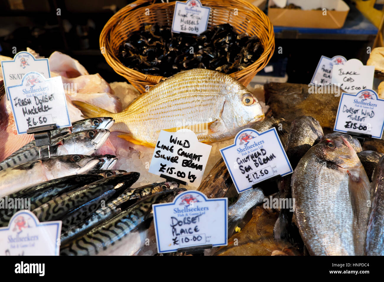 Fish stall display selling fish from Dorset at Borough Market near ...