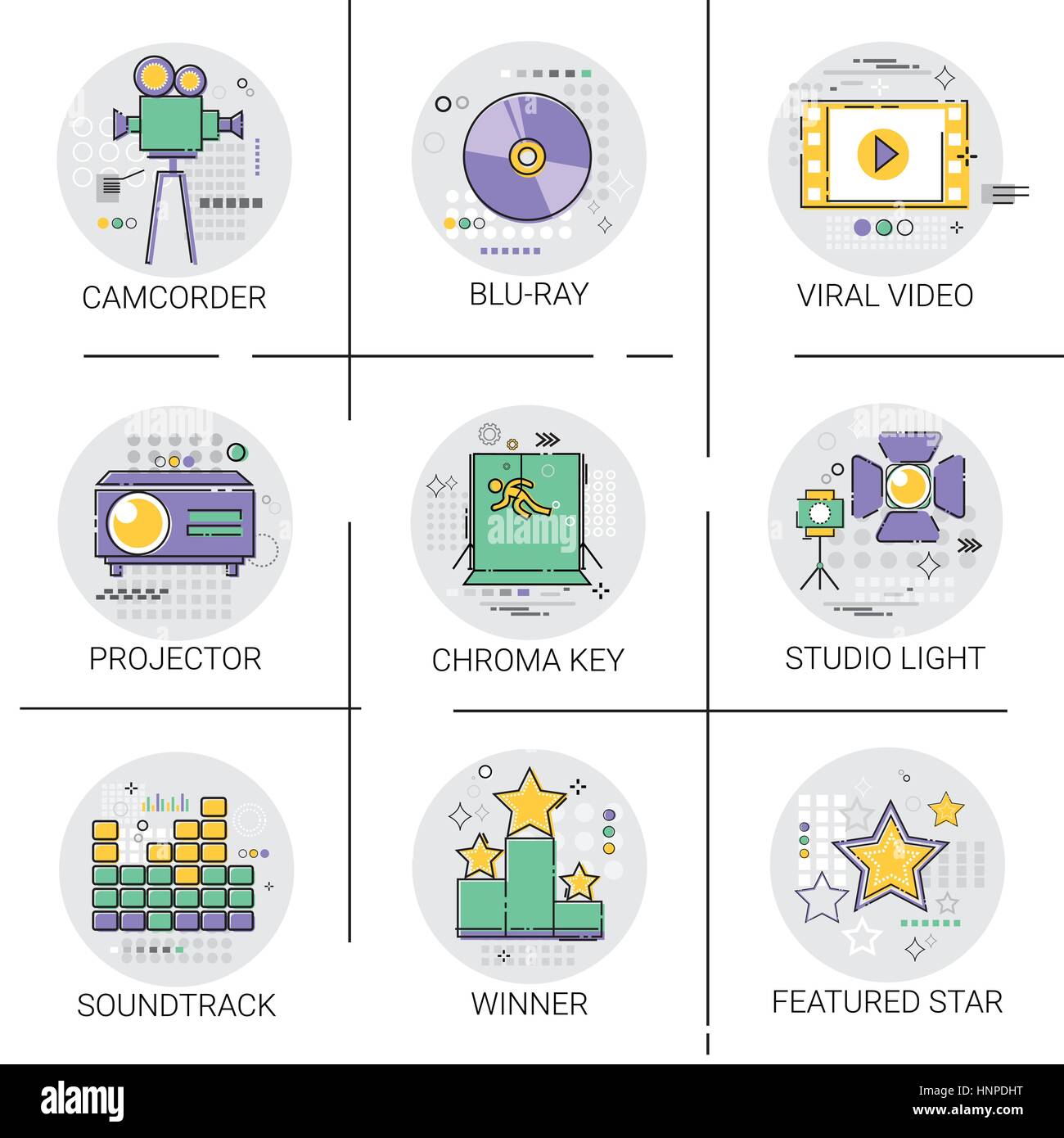 Movie Projector Film Cinema Production Technology Icon Set Studio Light ...