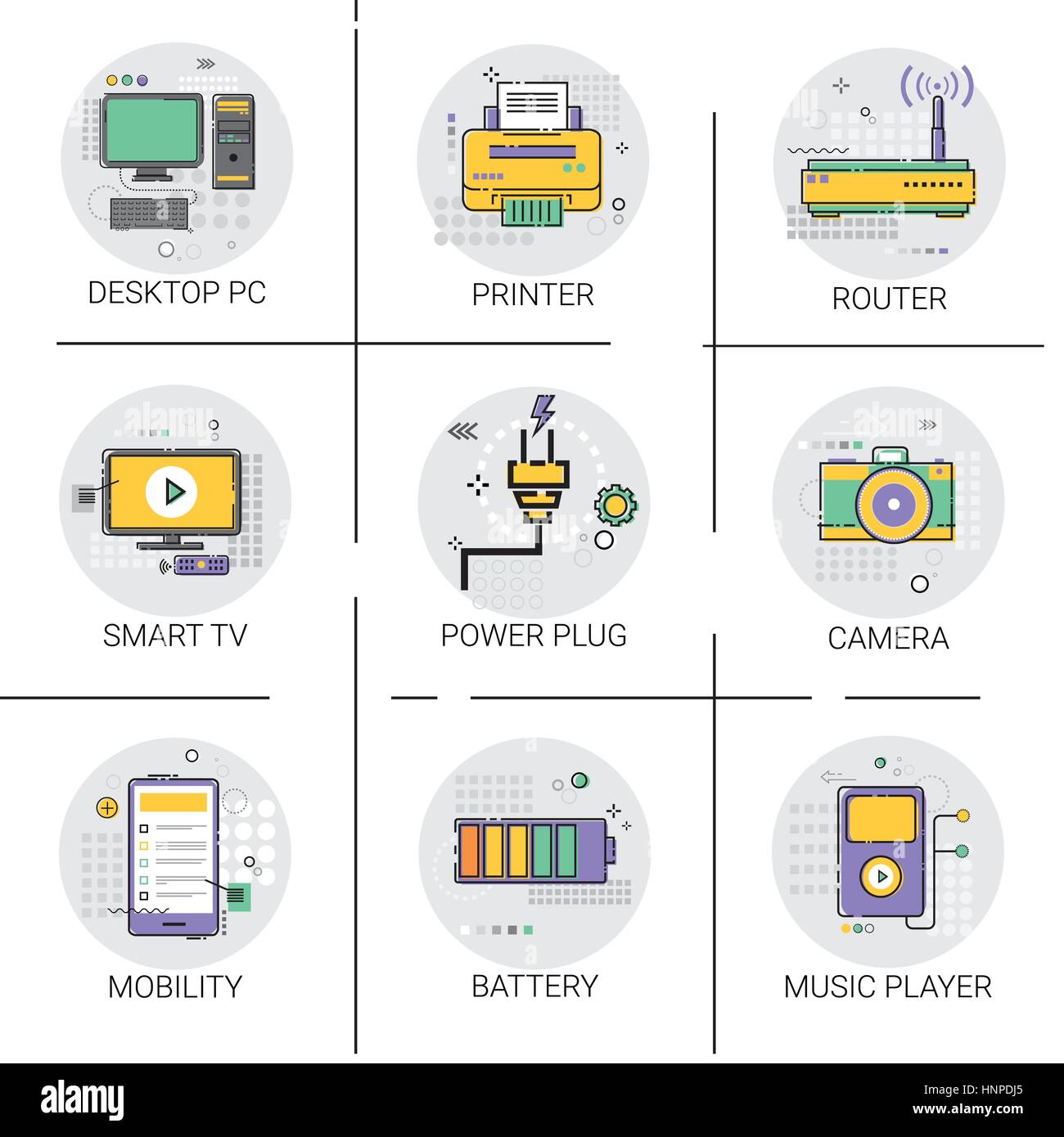 Mobility Modern Smart Gadget Printer Camera TV Player Icon Set Stock ...