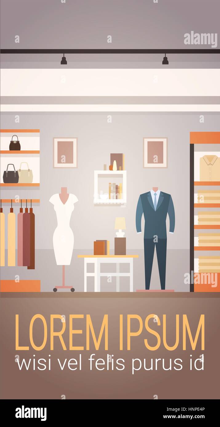 Fashion Shop Interior Clothes Store Banner With Copy Space Stock Vector ...