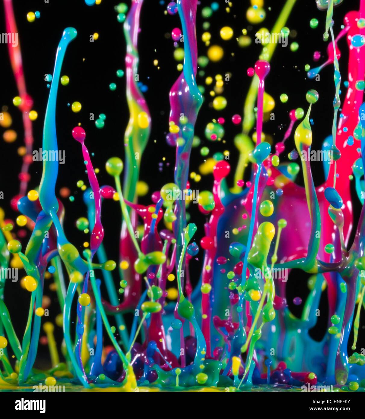 Abstract sculptures of colorful splashes of paint. Dancing liquid on a ...