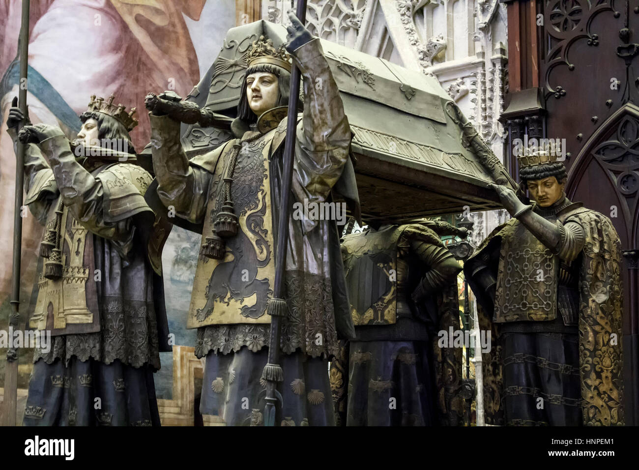 Sculpture atop Columbus' tomb, Cathedral, Seville, Spain Stock Photo ...