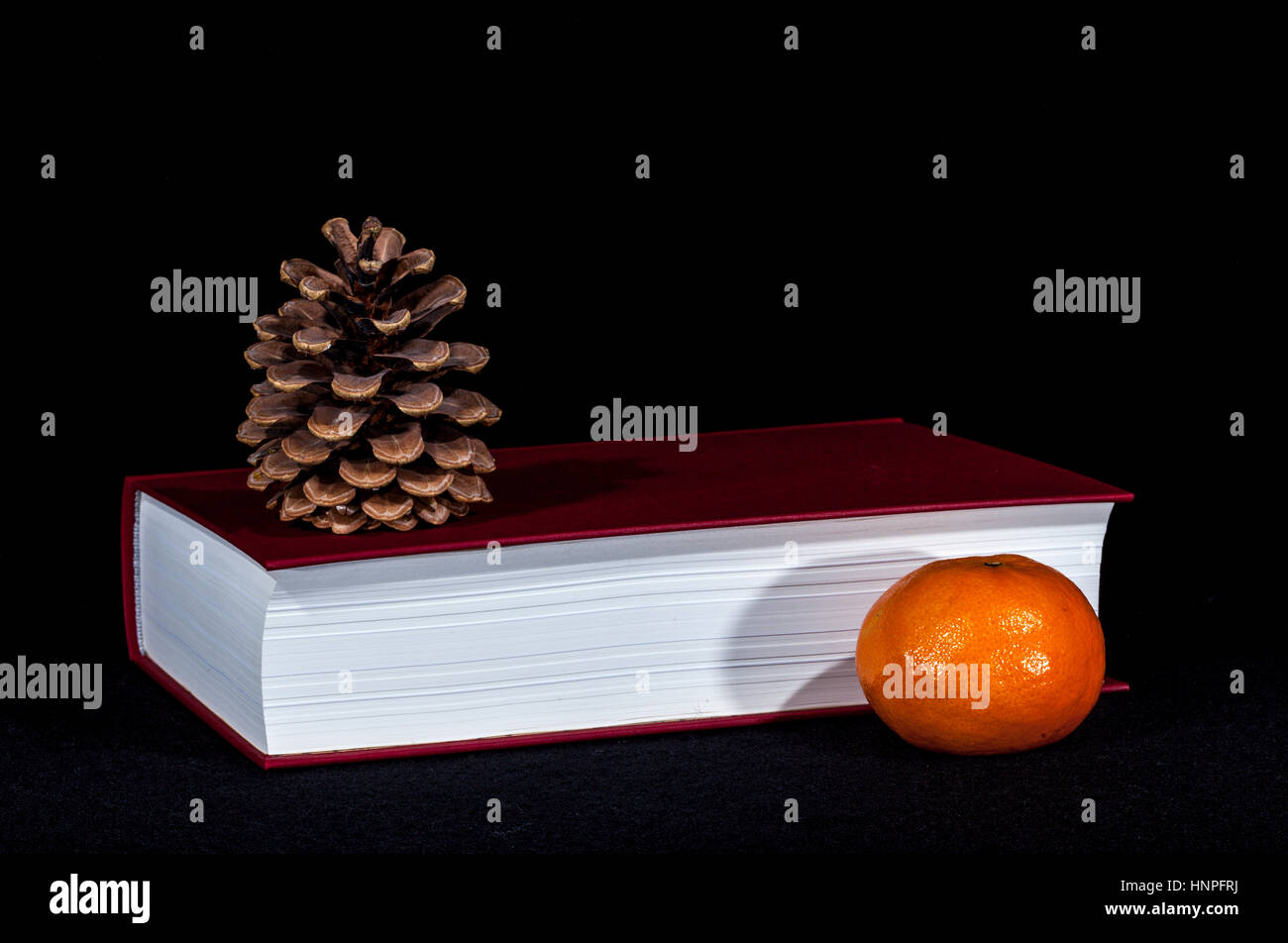 A red book, tangerine and a pine cone. Black background Stock Photo - Alamy
