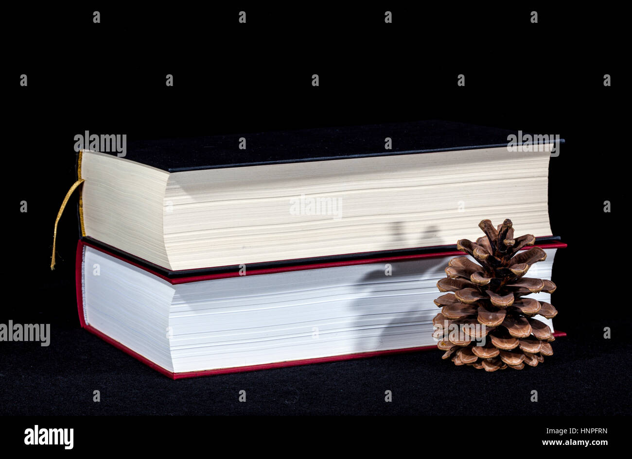 Two books and a pine cone. Black background Stock Photo - Alamy