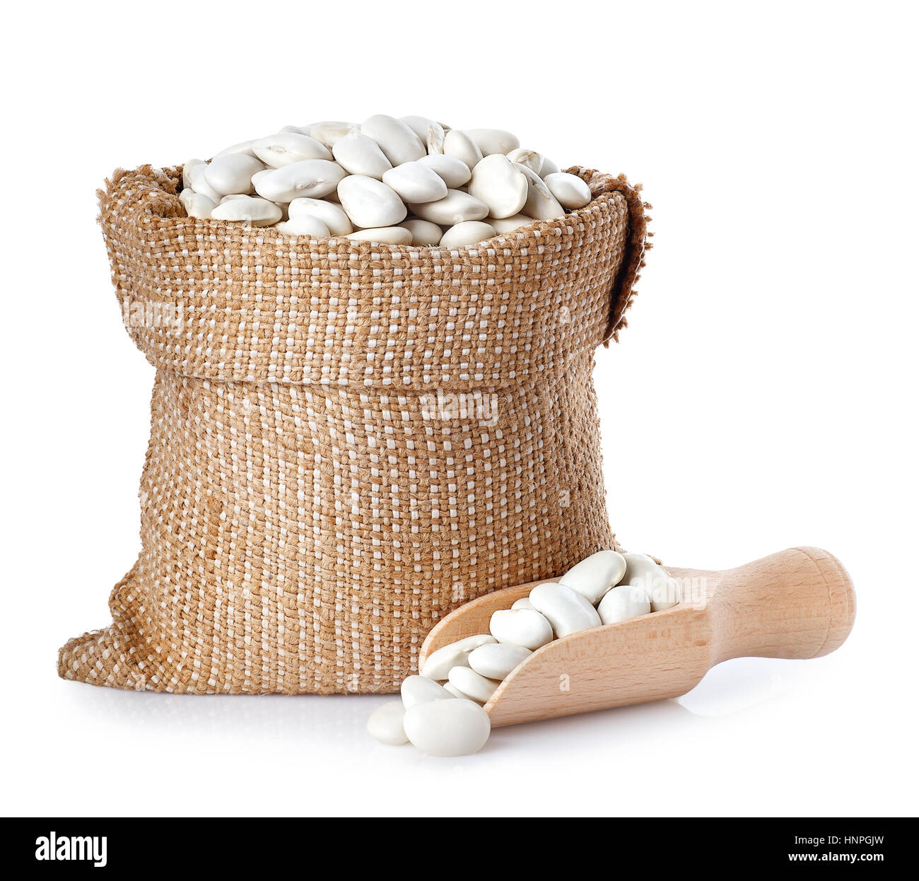 Butter beans or lima beans in burlap bag with wooden scoop isolated on ...