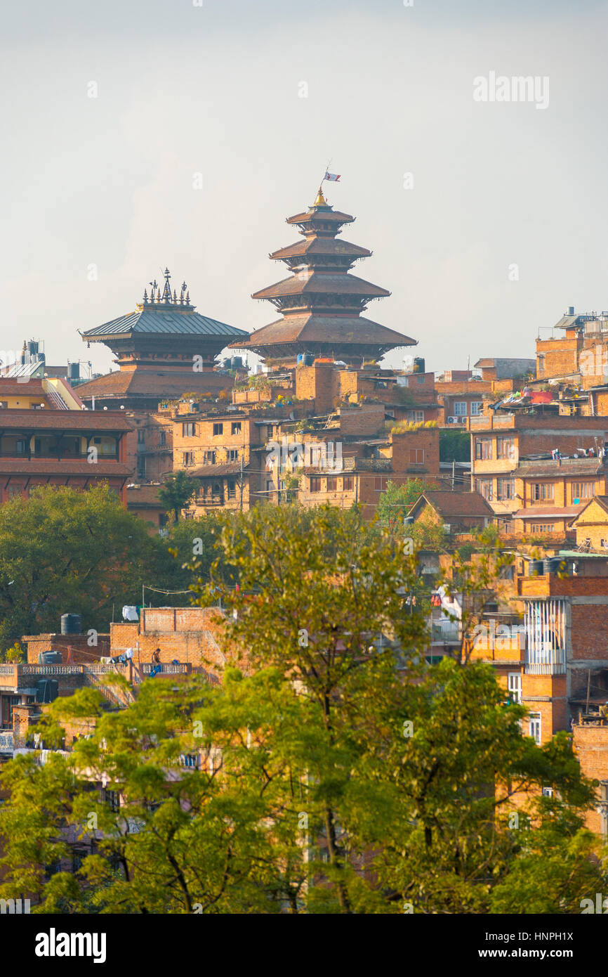 Distant view of layered roof of Nyatapola Pagoda among the surrounding ...
