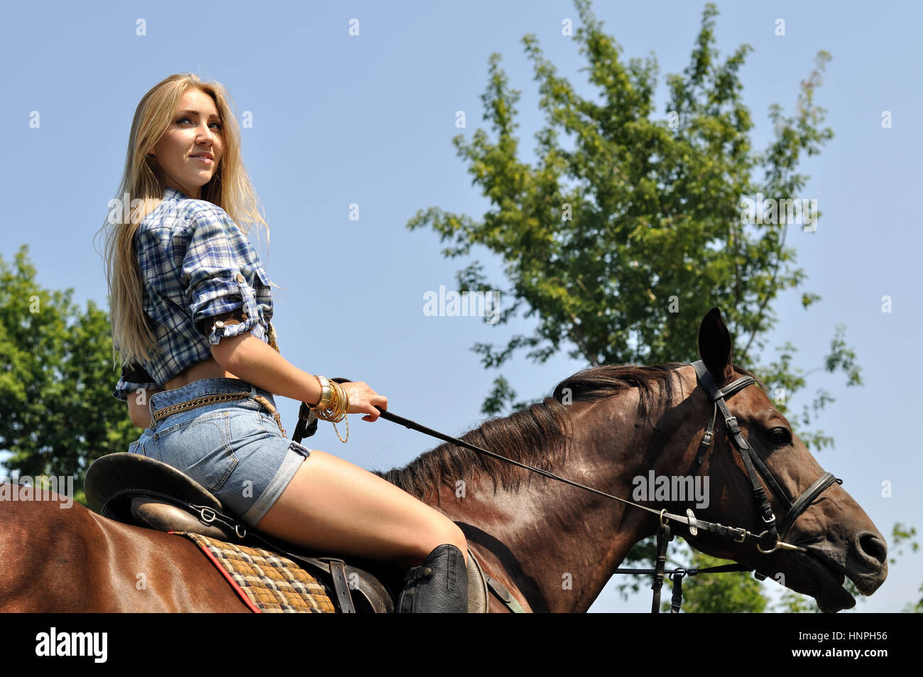 young attractive woman horseback riding in the summer sunny day Stock ...