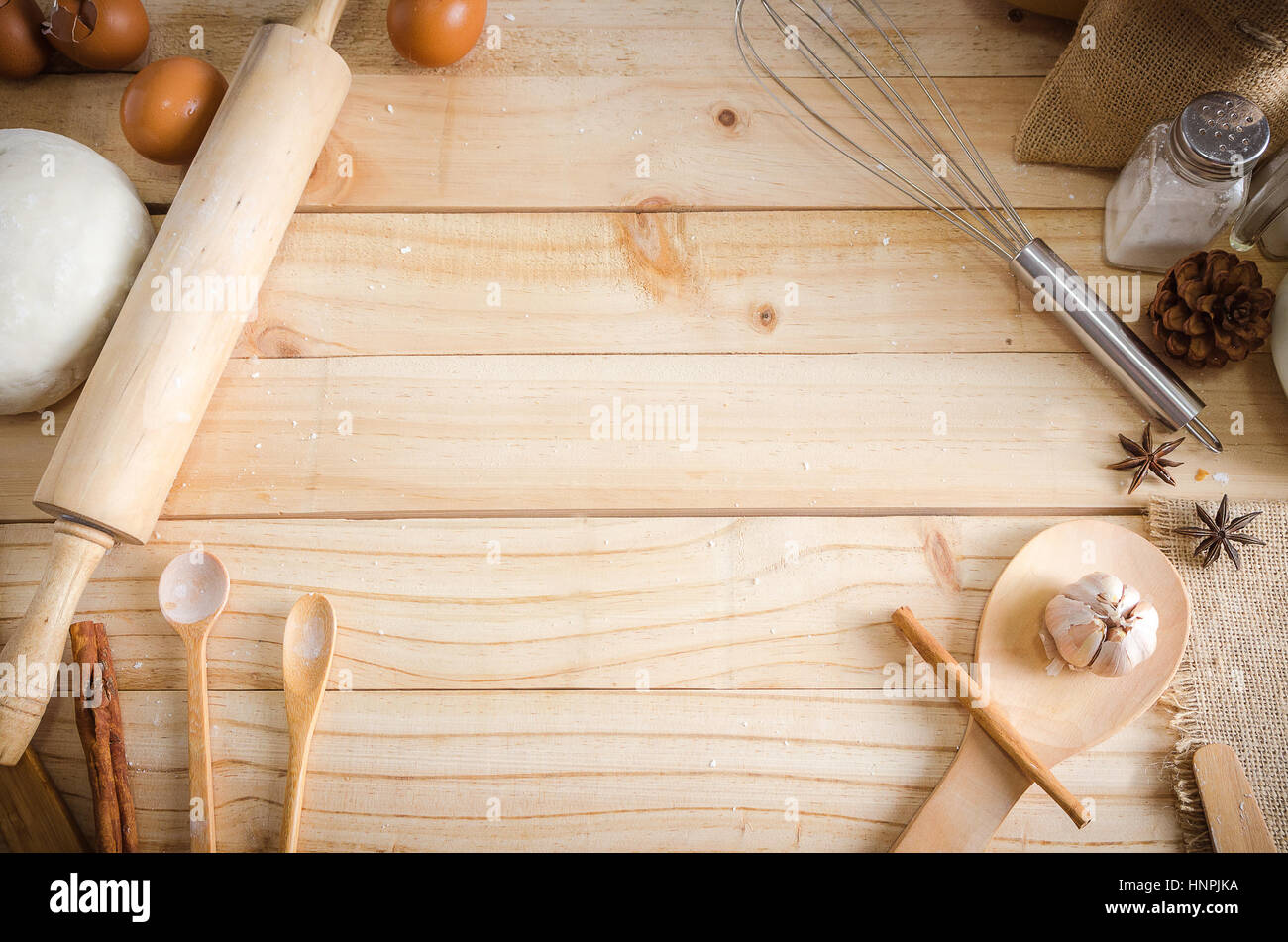 Blank wooden table background and bakery ingredients with copy space ...