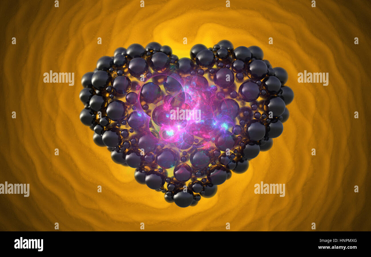 black heart made of spheres with reflections isolated on involute ...