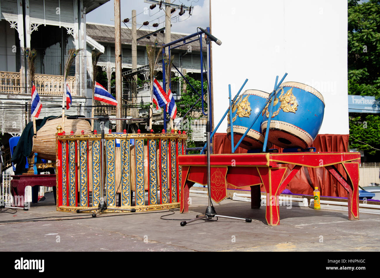 Thai people preparing stage for play thai musical instruments concert ...
