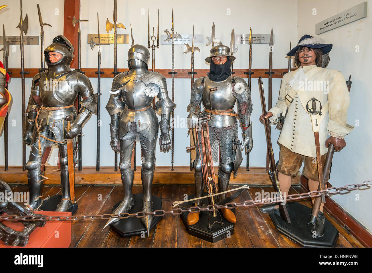 Braubach, Germany - May 23, 2016: Old armour in the Marksburg castle in ...