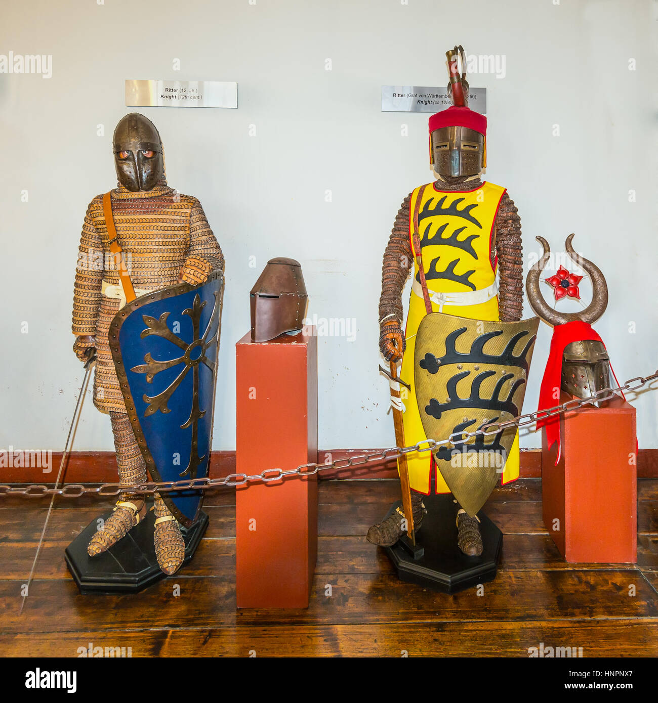 Braubach, Germany - May 23, 2016: Old armour in the Marksburg castle in ...