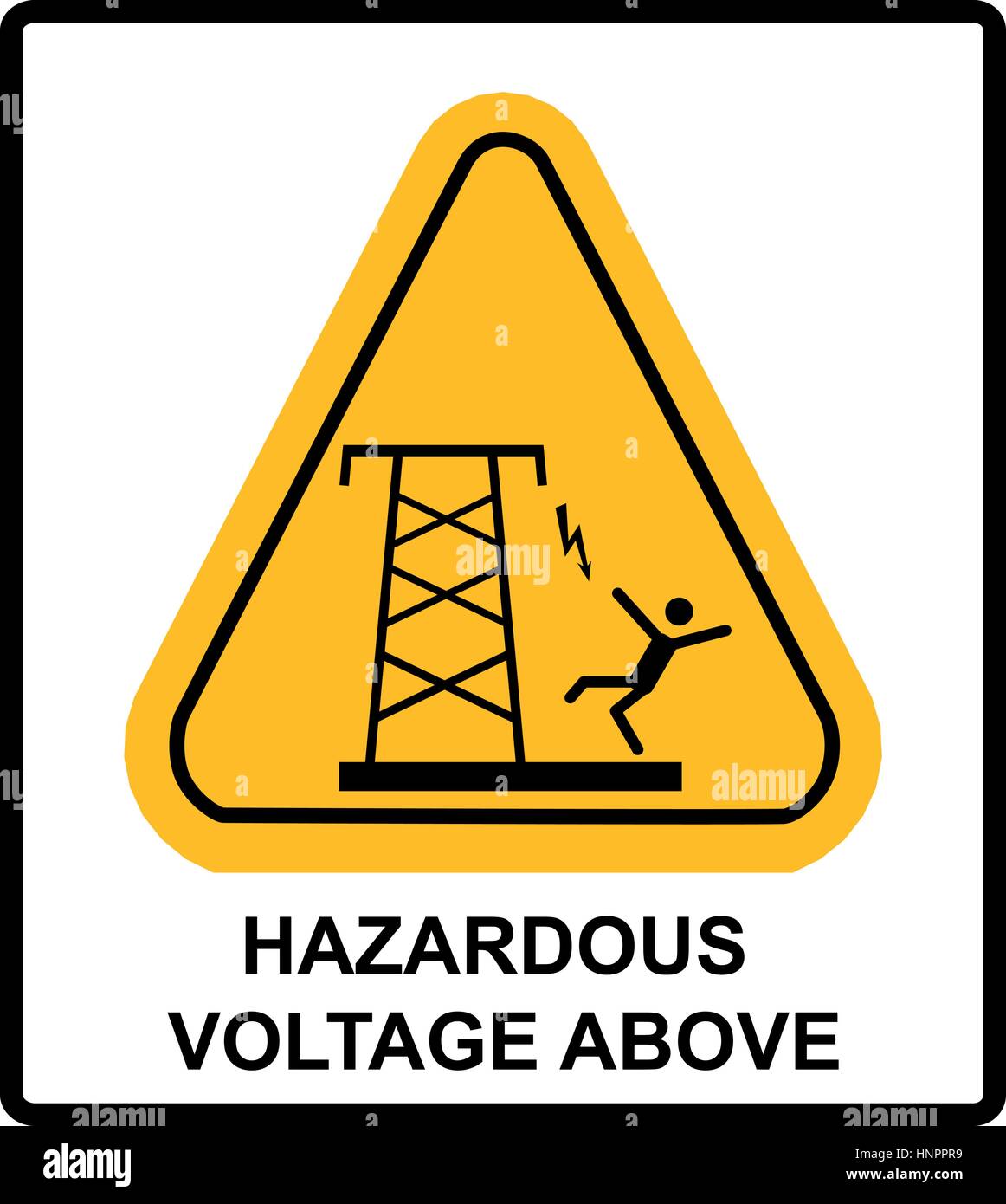Hazardous voltage above. Overhead power lines or electrical safety sign ...