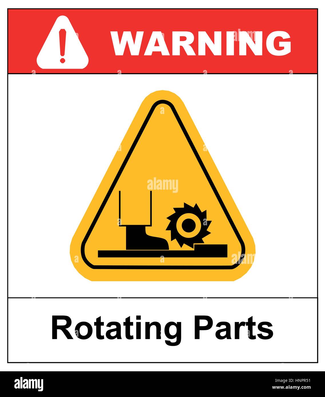 Rotating Parts Hazard for foot sign, vector illustration. Warning banner with symbol in yellow ...