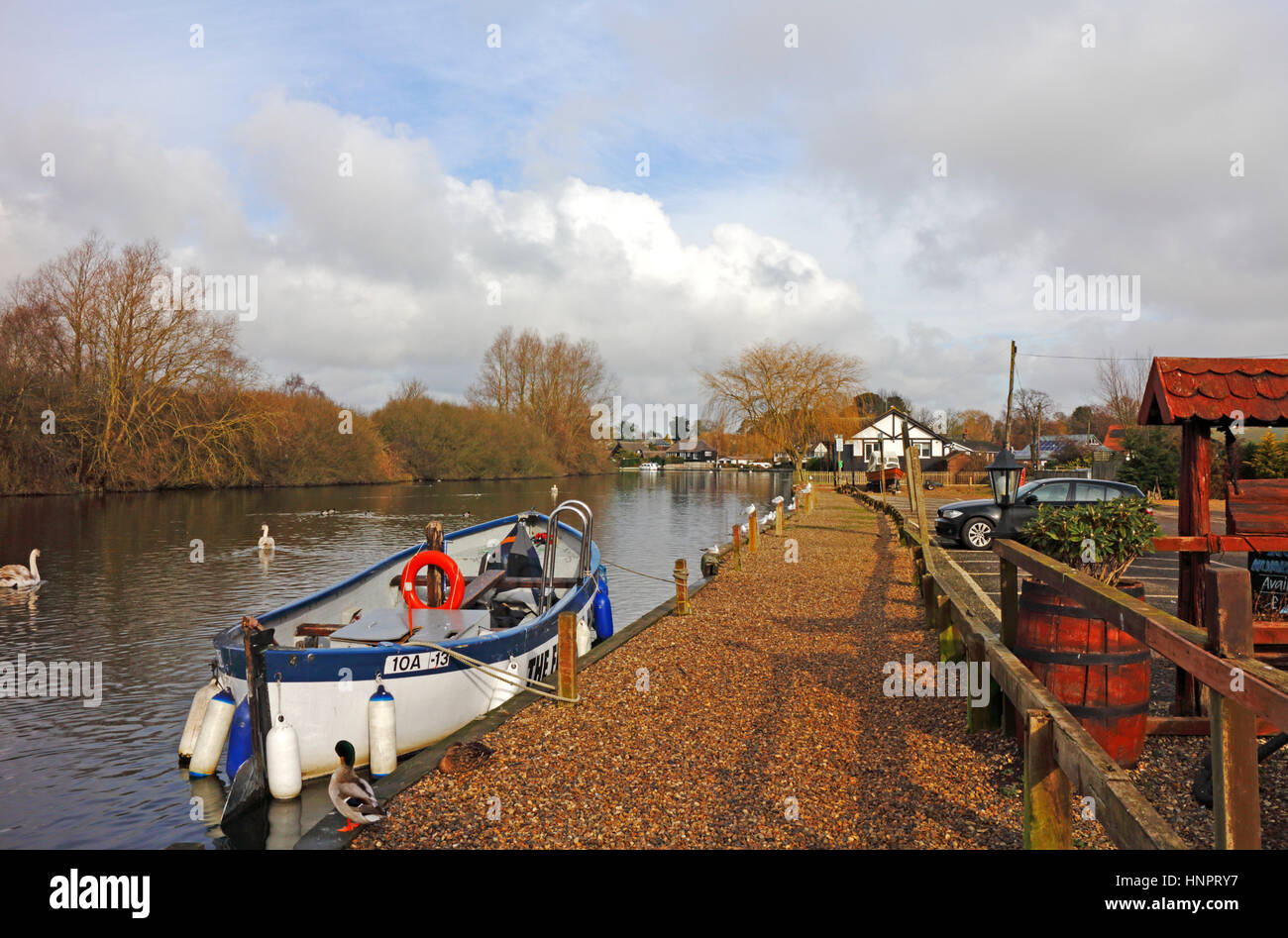 A view of the River Bure by the Ferry Inn at Horning, Norfolk, England ...
