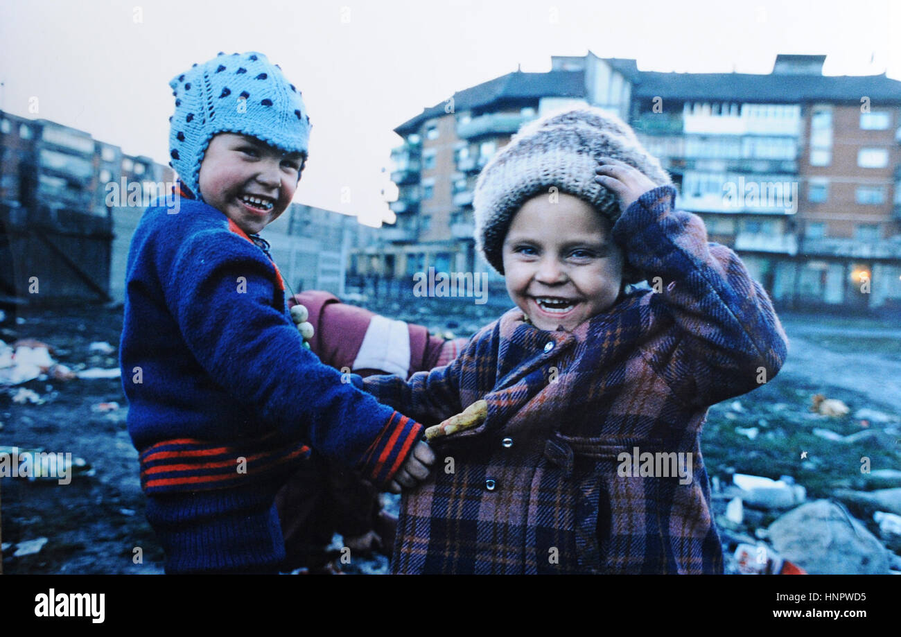 Children form the Transylvanian mining town of Petrila in Romania play ...