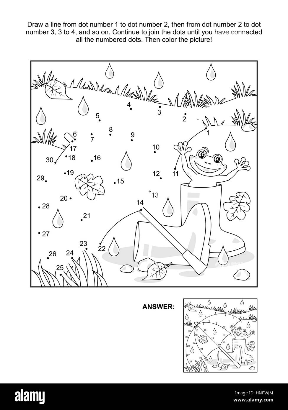Rainy autumn day connect the dots picture puzzle and coloring page with ...
