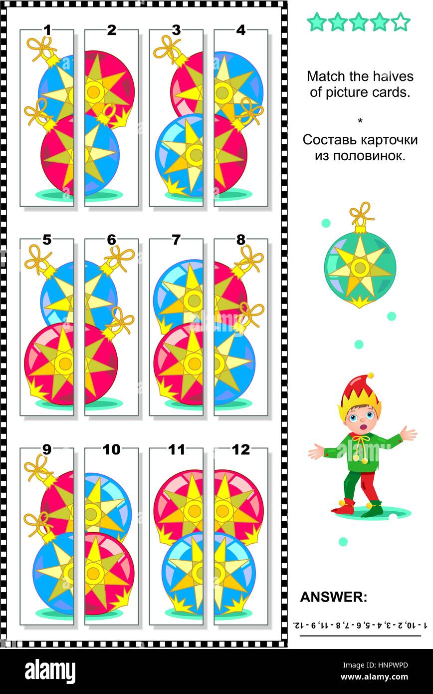 Visual puzzle: Match the halves of cards depicting colorful christmas ...