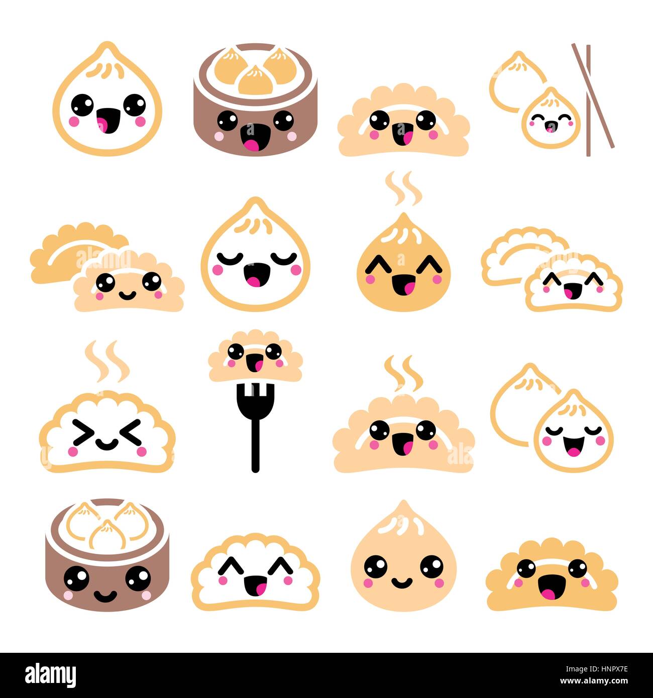 Kawaii Chinese Dumplings Cute Asian Food Dim Sum Vector Icons Set