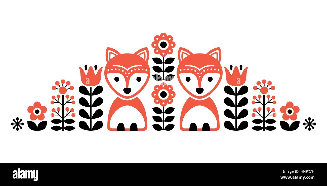 Scandinavian cute folk pattern with fox and flowers - Finnish inspired ...