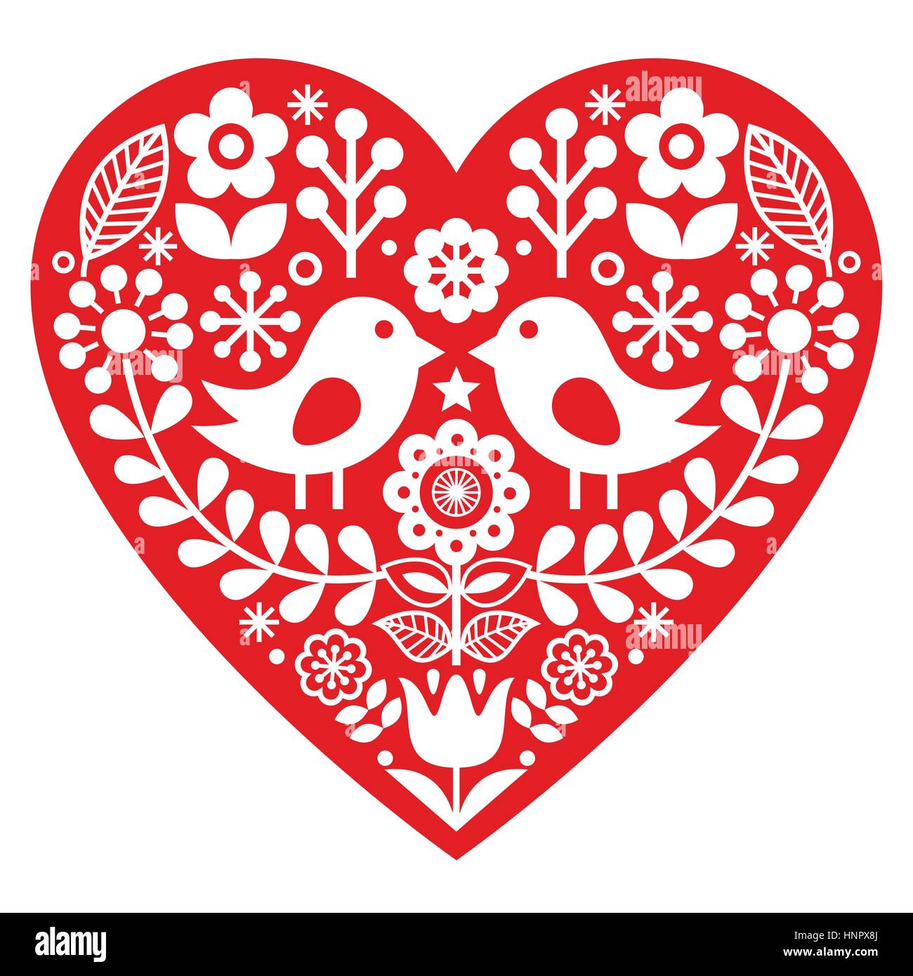 Scandinavian red folk art pattern with birds and flowers - Valentine's ...