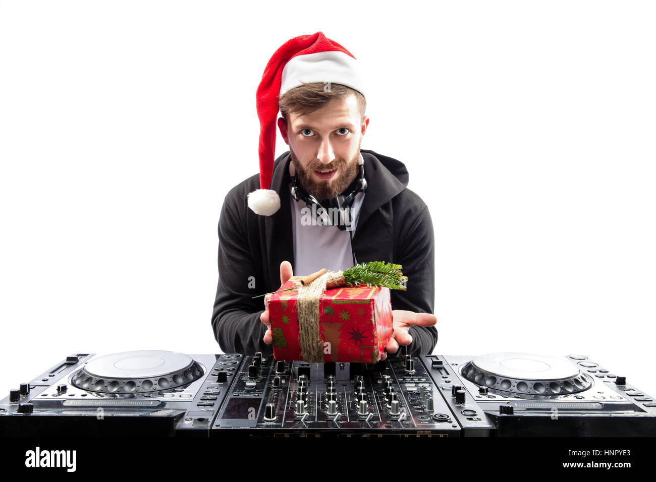 Happy Dj with gift box. Horizontal indoors shot. Isolate Stock Photo ...
