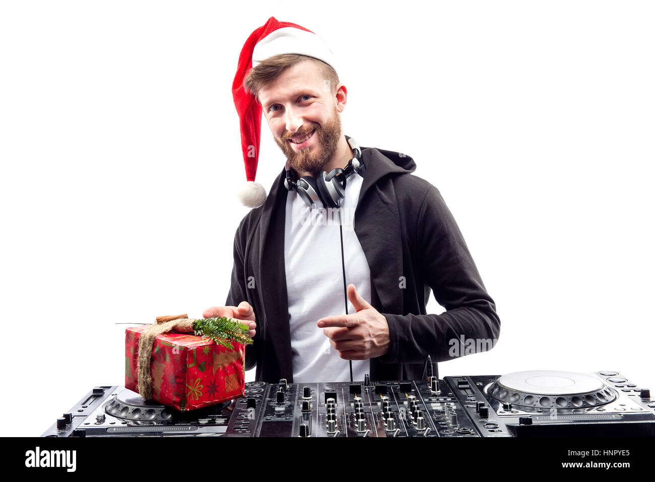 Happy Dj with gift box. Horizontal indoors shot. Isolate Stock Photo ...
