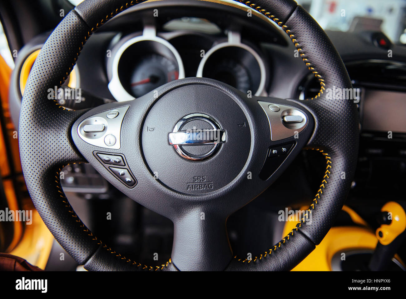 Modern car interior dashboard and steering wheel Stock Photo - Alamy