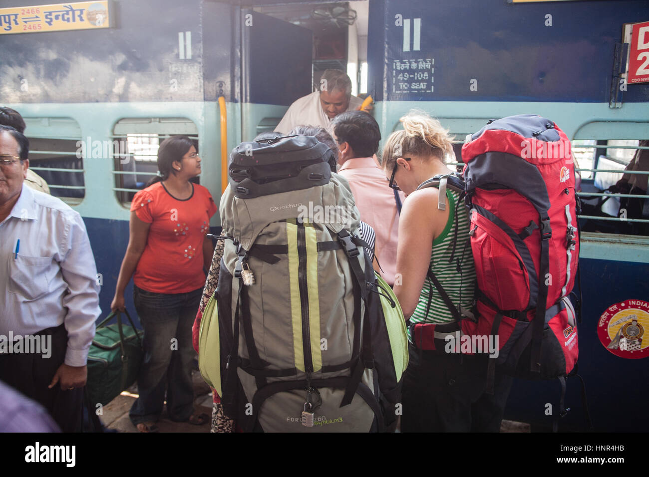 Young, female, females,couple,independent,gap year,backpacker,platform,Jaipur Junction,train ...