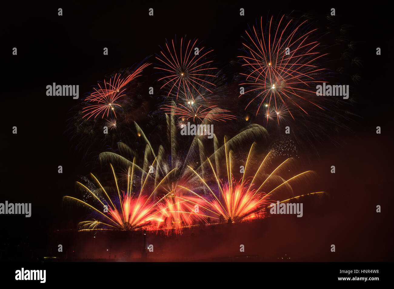 Great fireworks celebration of new year on dark night sky. Full of ...